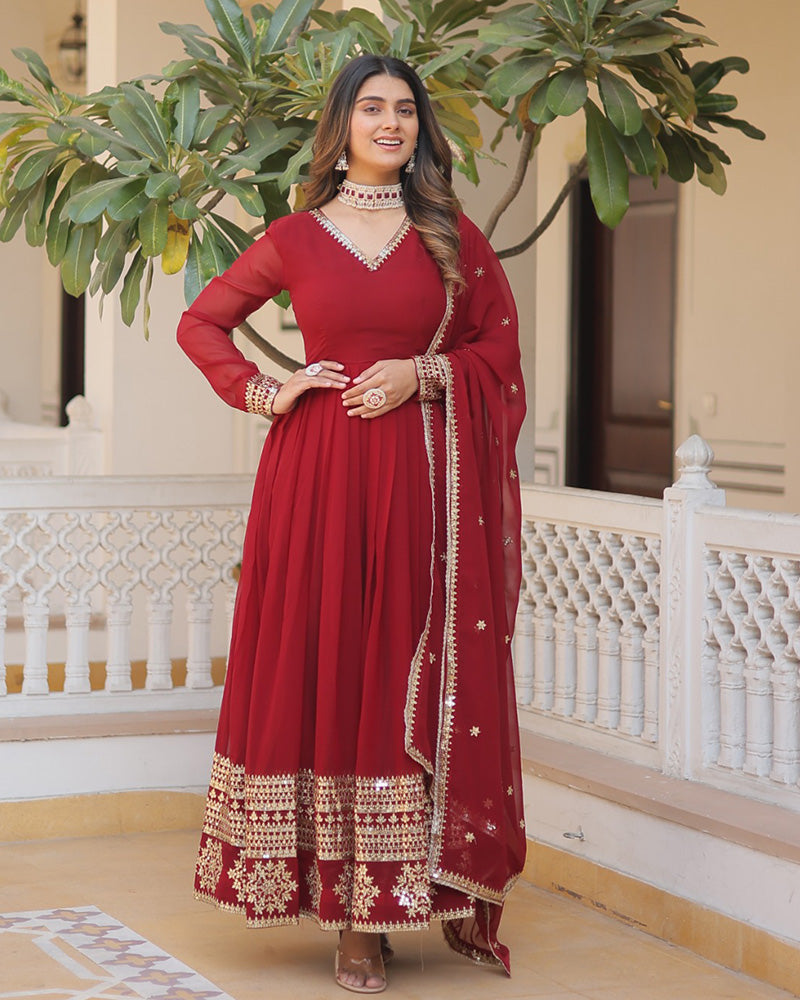 Attractive Sequence Embroidery Work Maroon Gown
