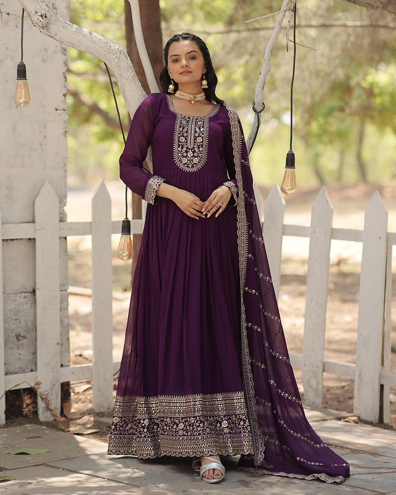 Faux Blooming Rich Sequence Embroidered Purple Ethnic Gown With Dupatt