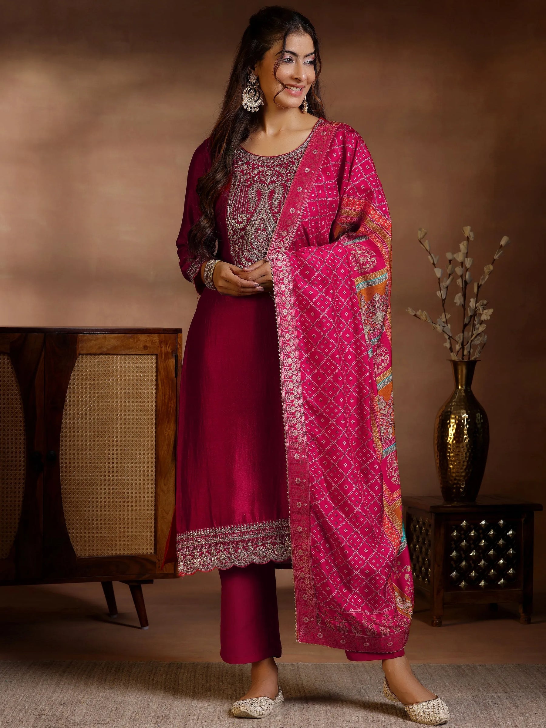 Magenta Yoke Embroidery Work Neck Design Straight Suit Set With Printe