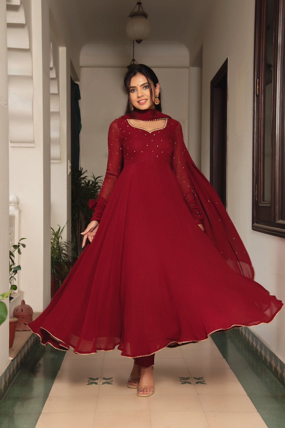 Maroon Fox Georgette Anarkali Suit Set with Pearl Border Dupatta