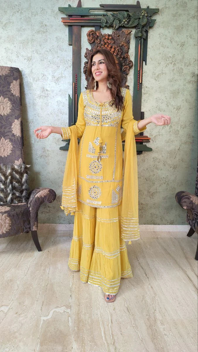 Designer Party Wear Mirror Work Yellow Sharara Suit Set