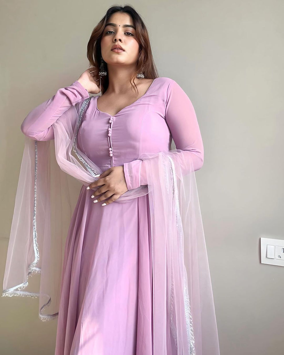 Kanak Mishra In Onion Color Celebrity Anarkali Three Piece Suit