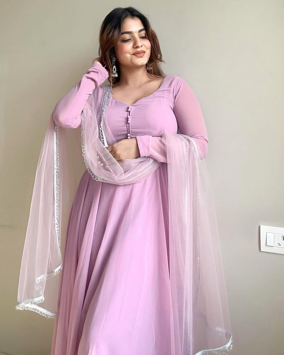 Kanak Mishra In Onion Color Celebrity Anarkali Three Piece Suit
