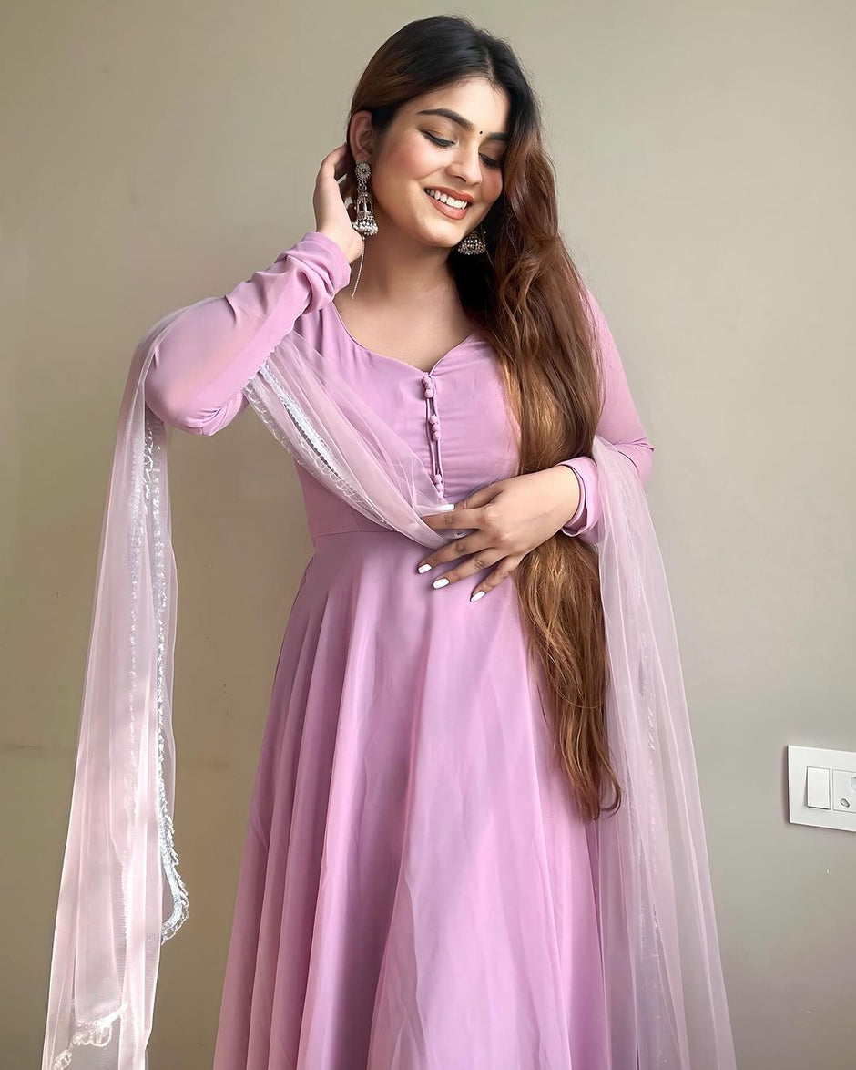 Kanak Mishra In Onion Color Celebrity Anarkali Three Piece Suit