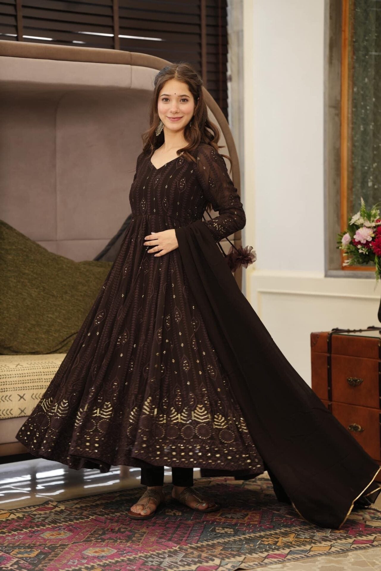 Maroon Embroidered Georgette Suit Set