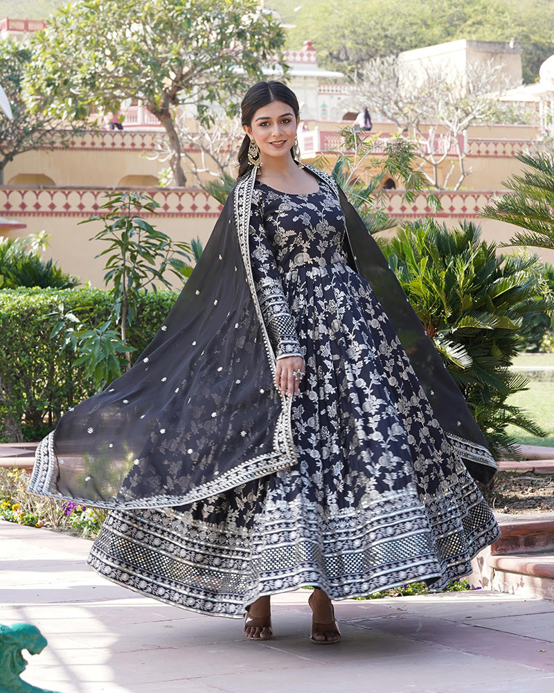 Black Color Sequence Embroidered Viscose Jacquard Gown With Dupatta