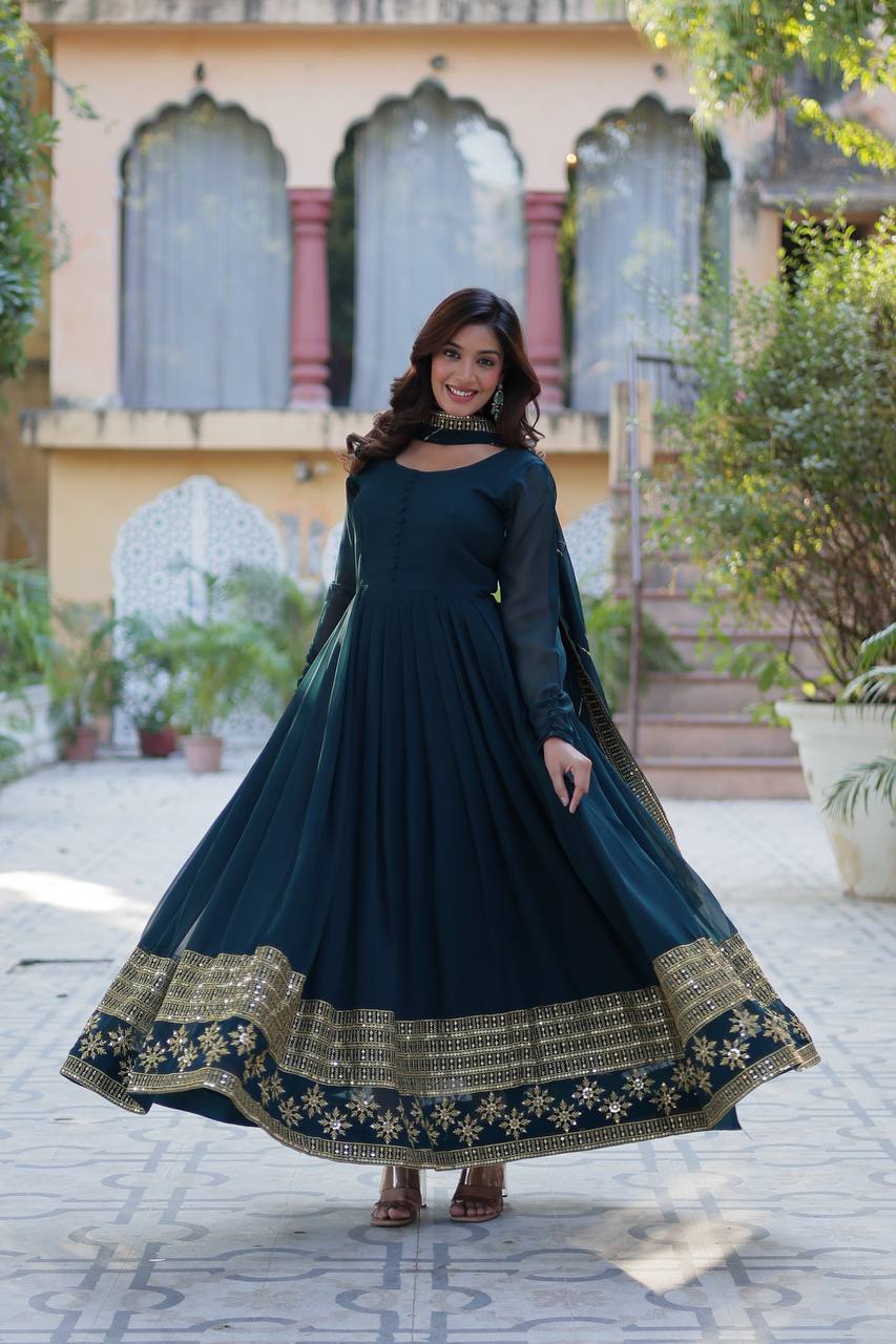 Exclusive Rama Color Attractive Sequence Embroidery Work Gown