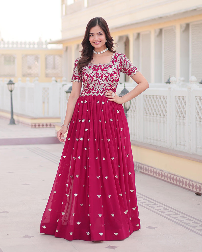 Rani Pink Color Faux Blooming Sequins Embroidered Ethnic Gown